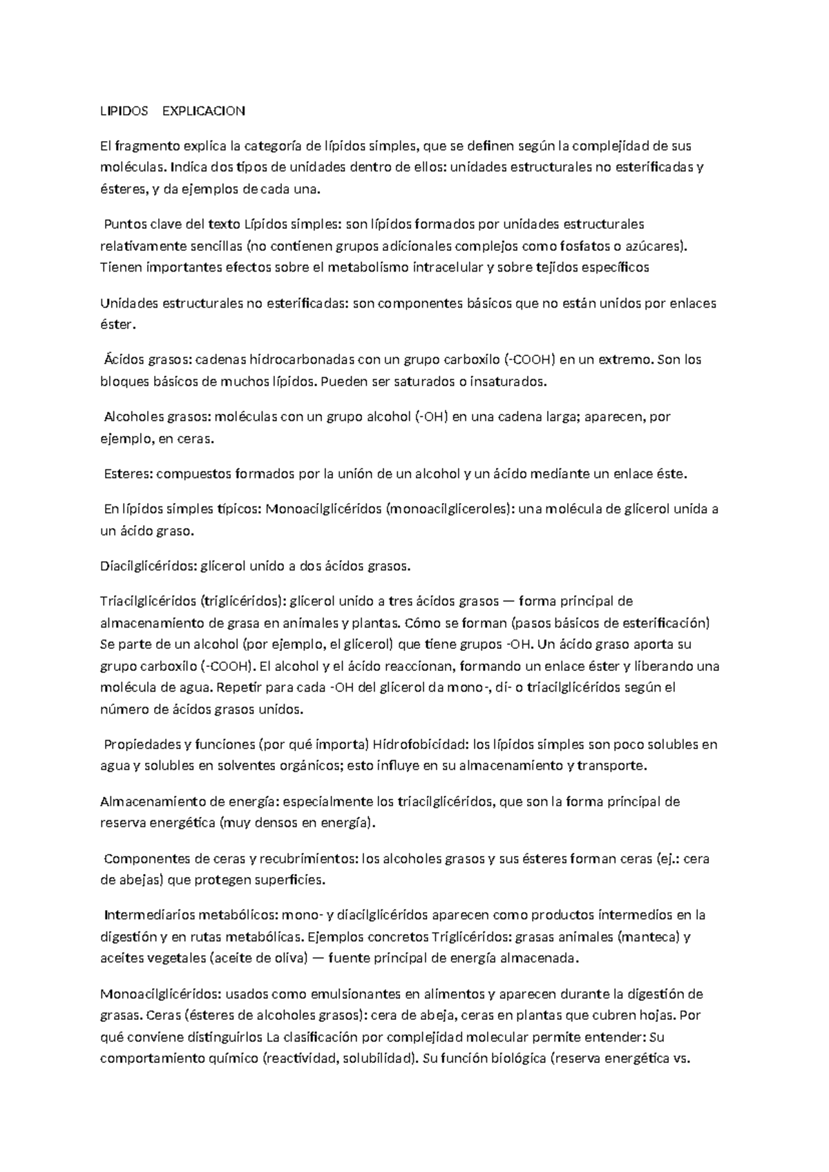 LIPIDOS SIMPLES: ESTRUCTURAS Y FUNCIONES CLAVE - Studocu