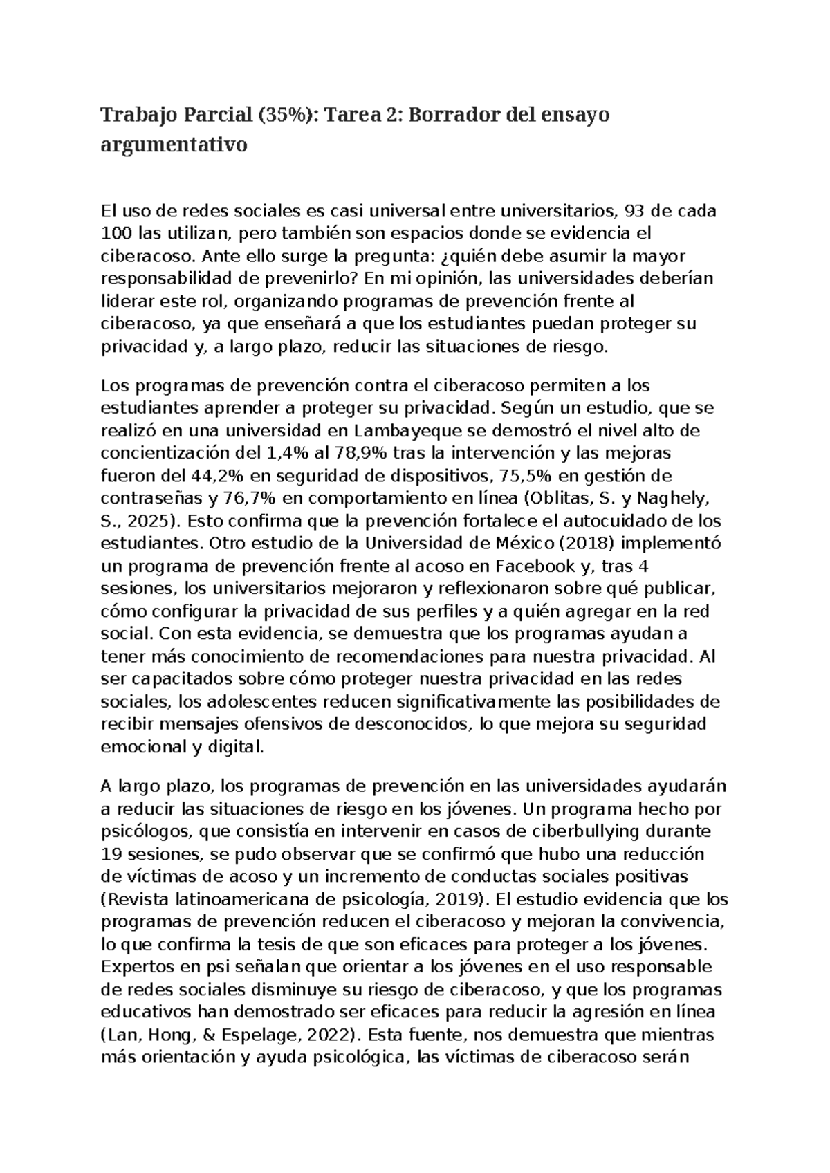 TP2: Ensayo Argumentativo sobre Ciberacoso y Redes Sociales - Studocu