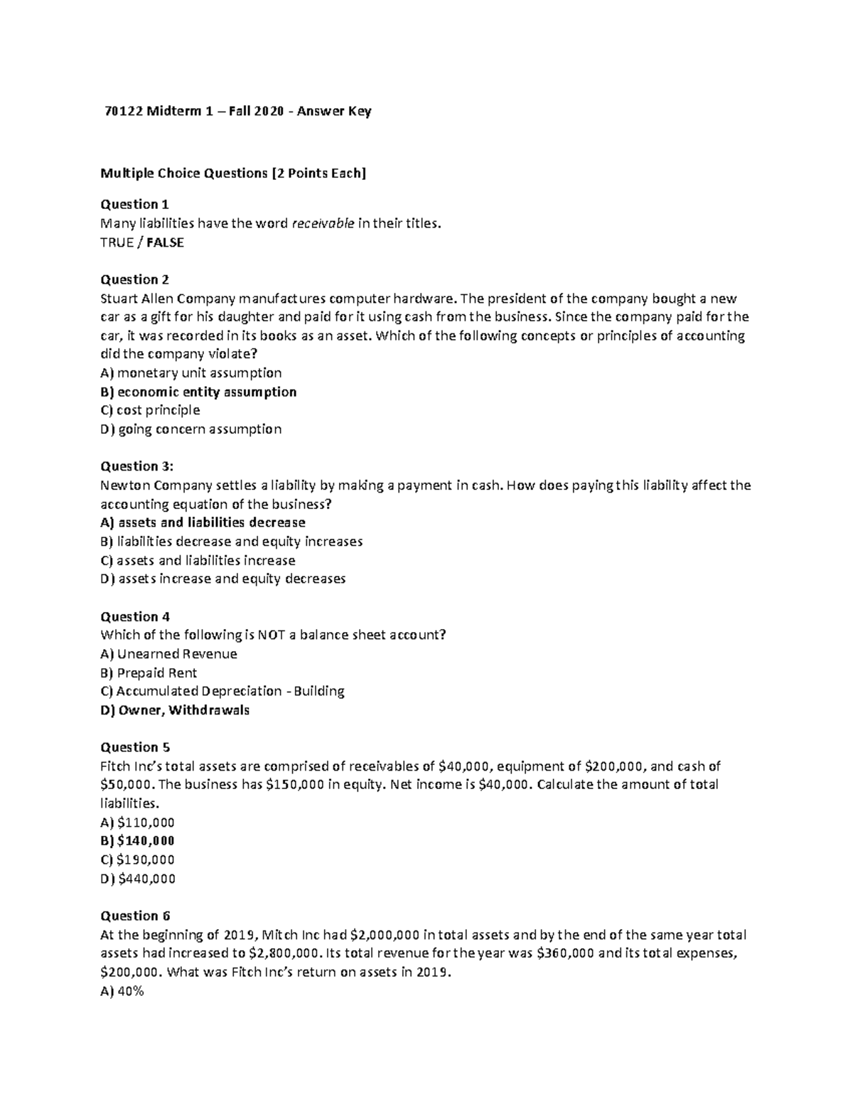 70122 Midterm 1 Fall2020 v1 - 70122 Midterm 1 – Fall 2020 - Answer Key ...