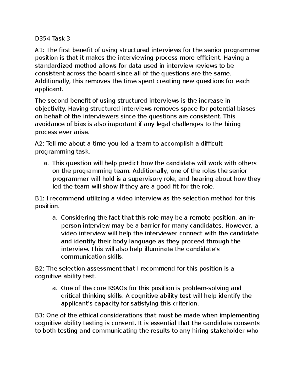 D354 Task 3 - Structured Interviews for Senior Programmer Role - Studocu