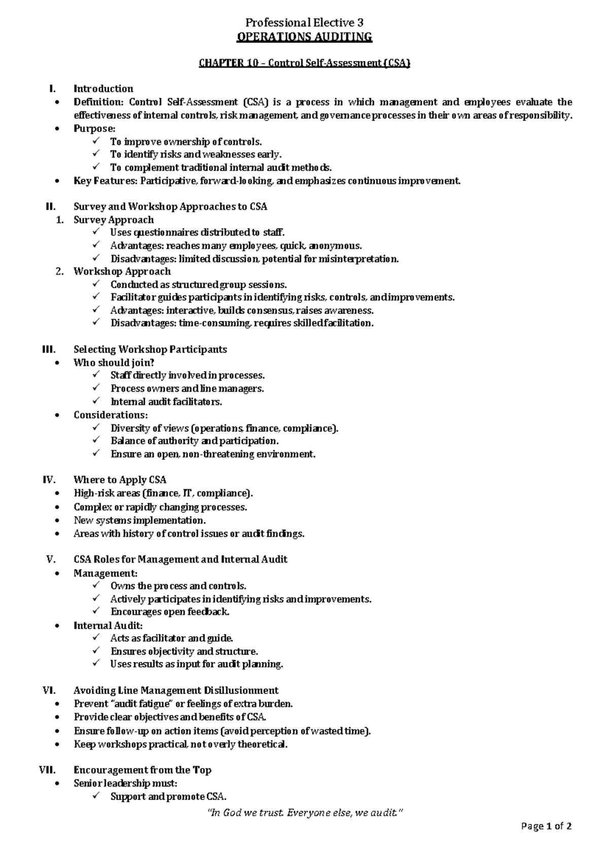 Professional Elective 3: Operations Auditing - Chapter 10 Control Self ...