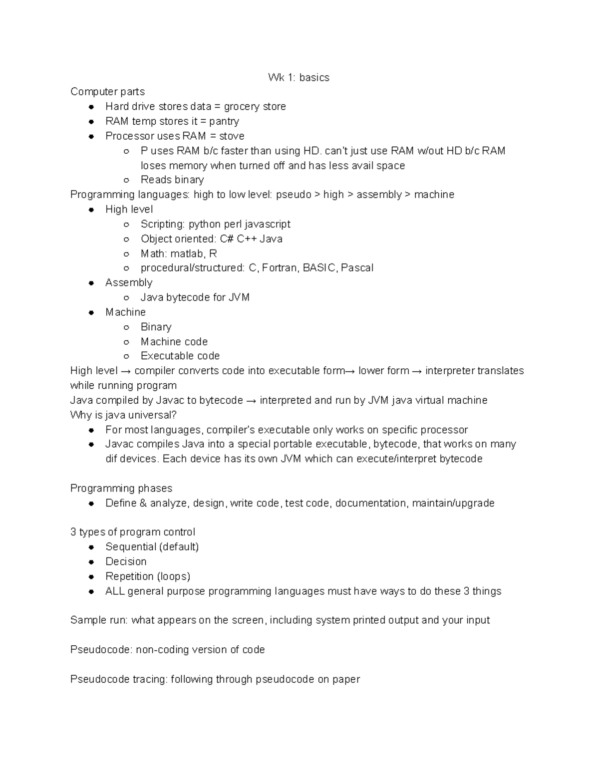 Intro to Java Final Exam Review Guide and Course Summary - Wk 1: basics ...
