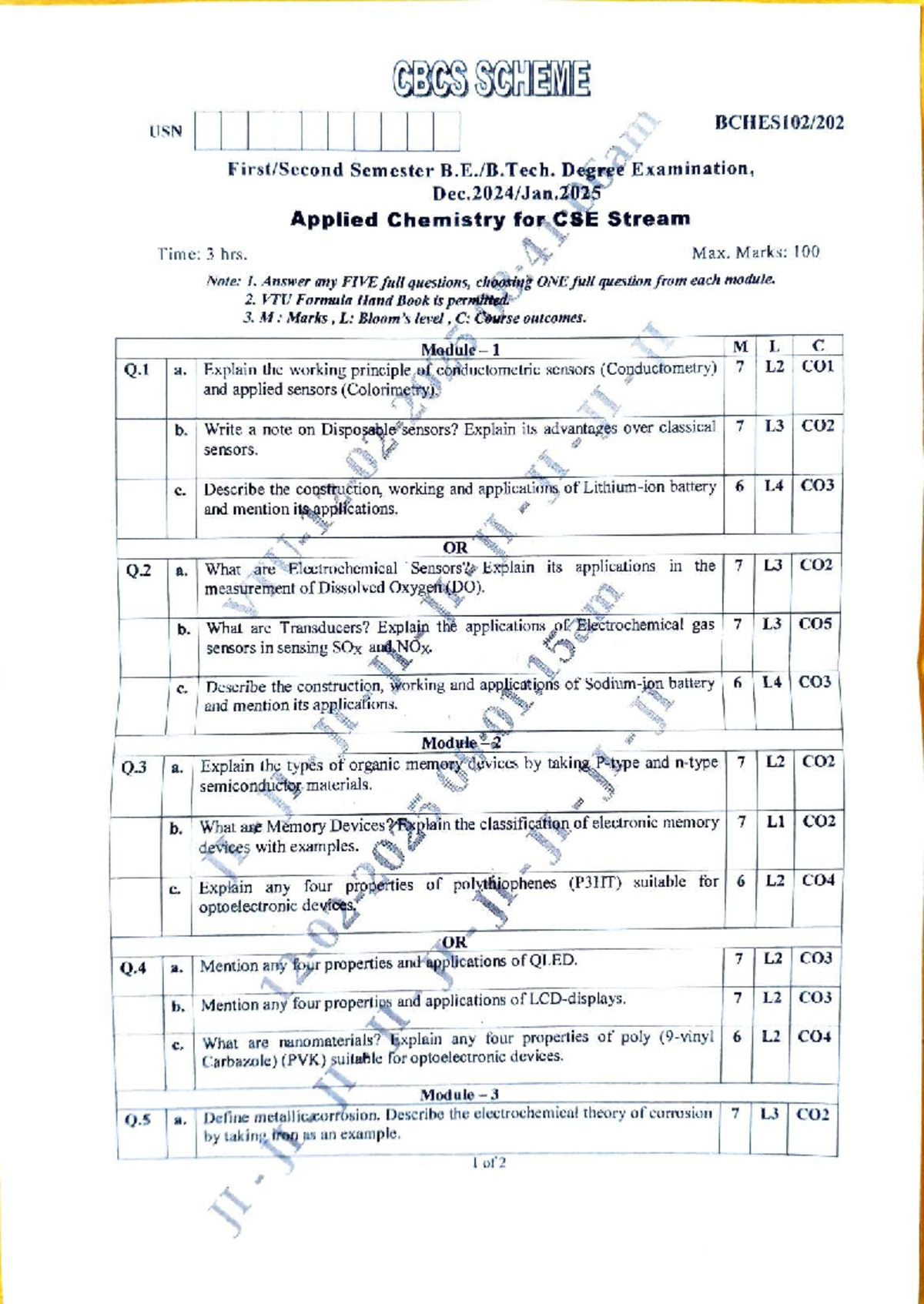 GBGS USN Semester Degree Examination, Applied Chemistry - Feb 2025 ...