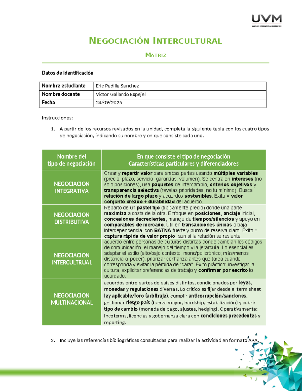 NEGOCIACIÓN INTERCULTURAL MATRIZ - U2 A4 por Eric Padilla Sanchez - Studocu