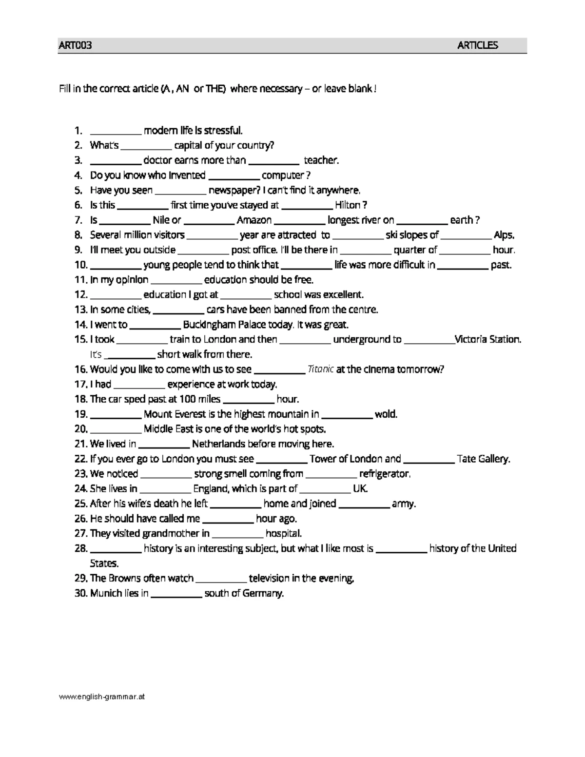 ART006 Definite and Indefinite Articles Practice Exercises - Studocu