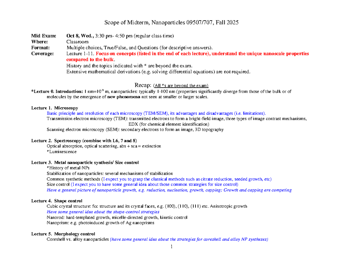 Midterm Exam Scope: Nanoparticles 09507/707, Fall 2025 - Studocu