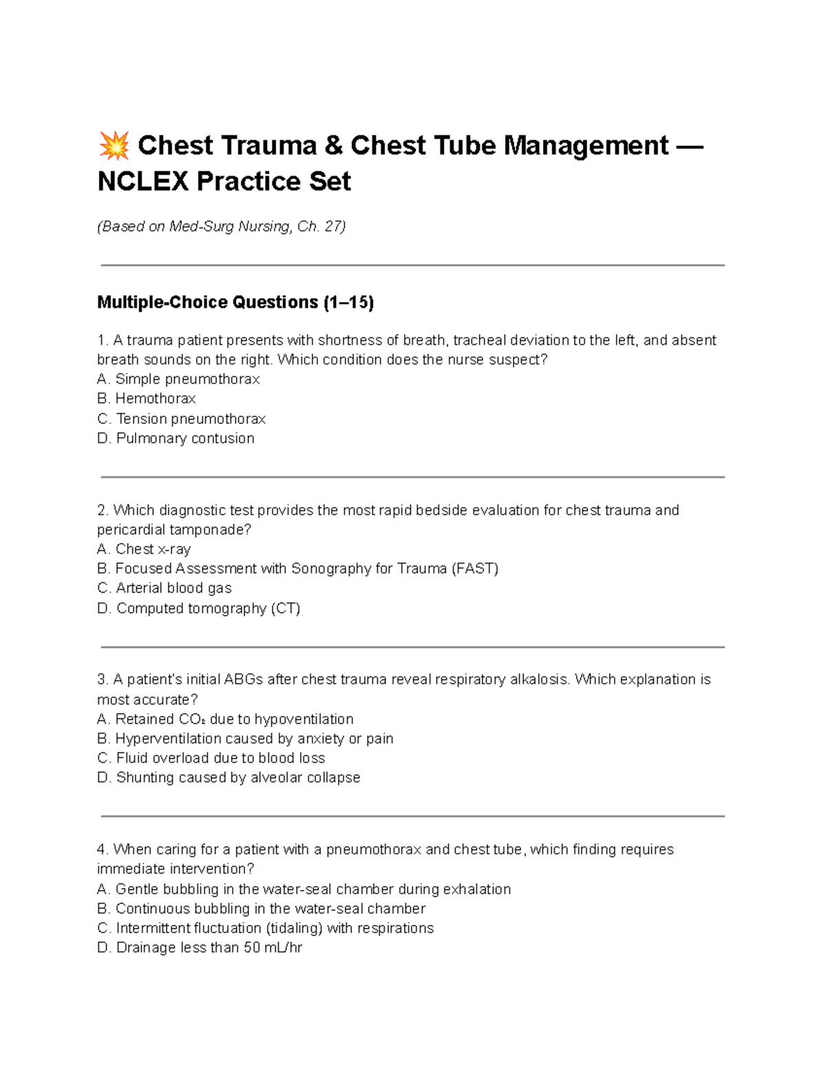 Perfusion Nurs 220 NCLEX Practice Set: Chest Trauma & Tube Management ...