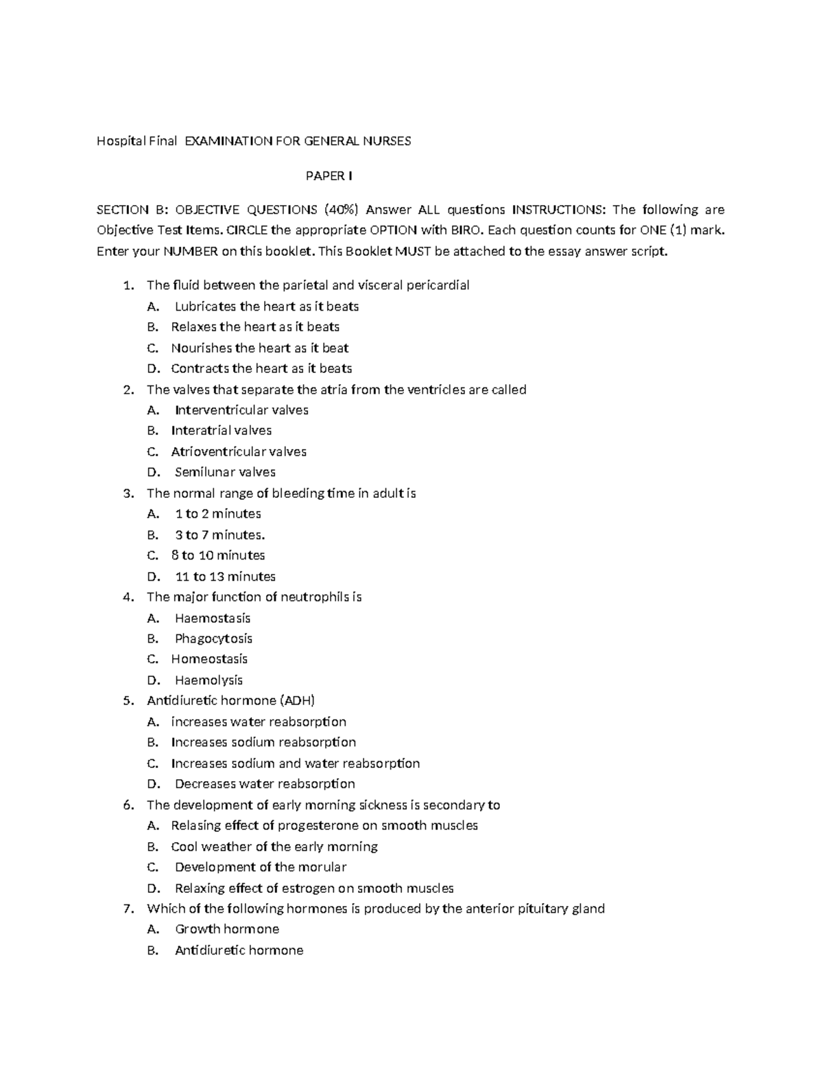 Hospital Final Exam Questions for General Nurses (Paper I) - Studocu