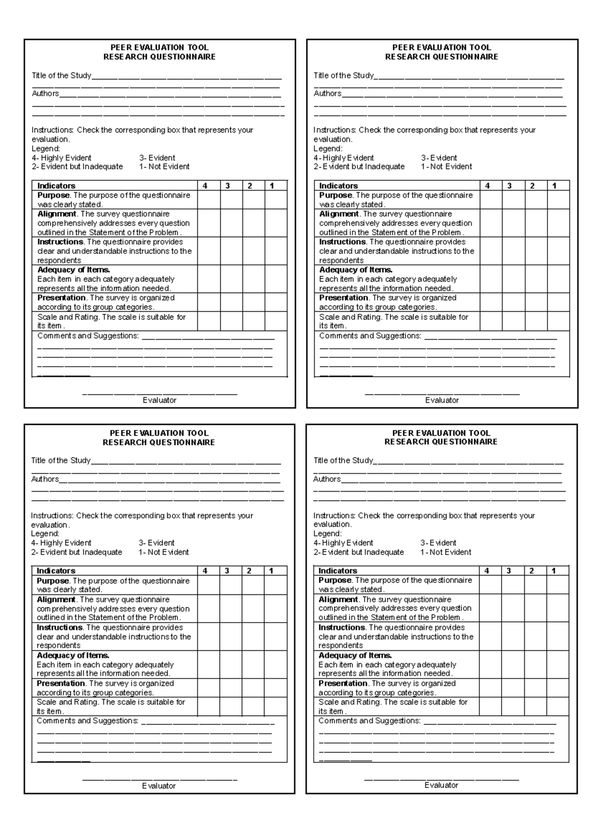 PEER EVALUATION TOOL RESEARCH QUESTIONNAIRE: EVALUATOR GUIDE - Studocu