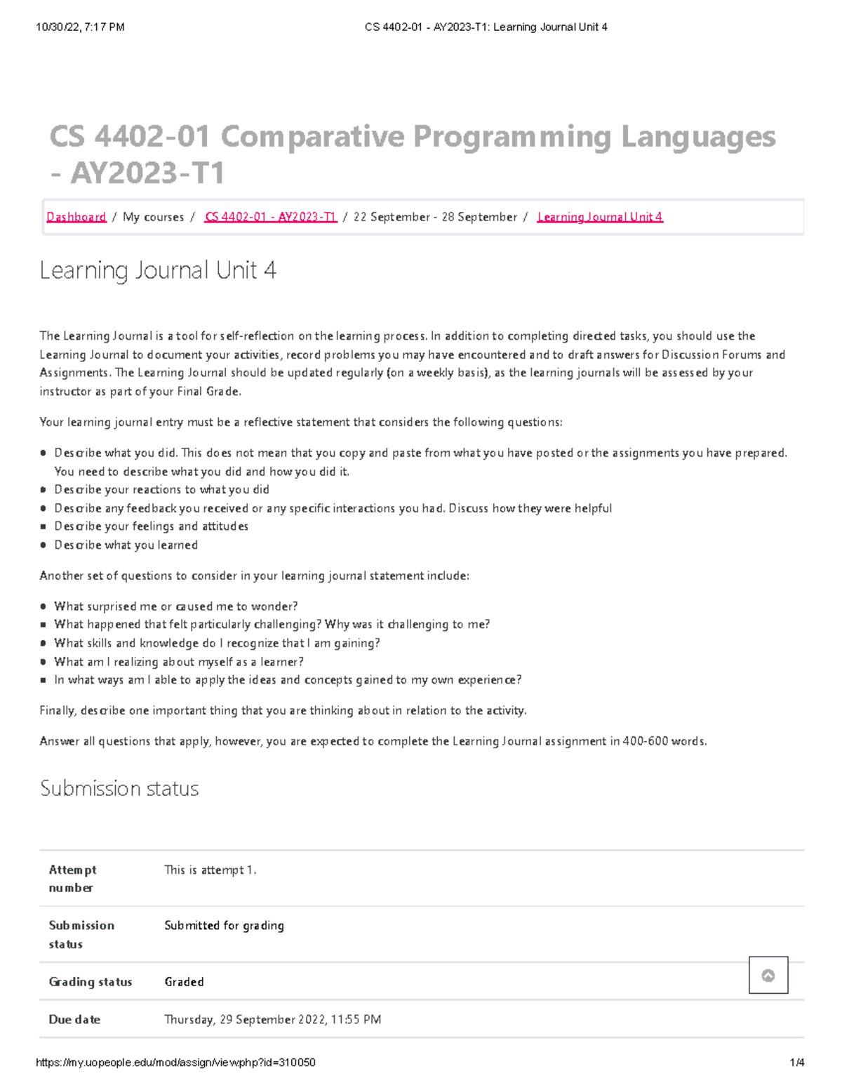 CS 4402-01 - AY2023-T1 Learning Journal Unit 4 - CS 4402-01 Comparative ...