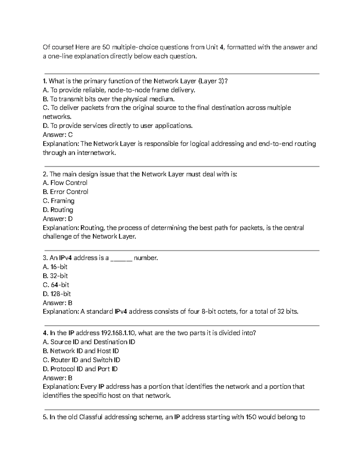Unit 4 - 50 MCQs with Answers & Explanations on Network Layer - Studocu