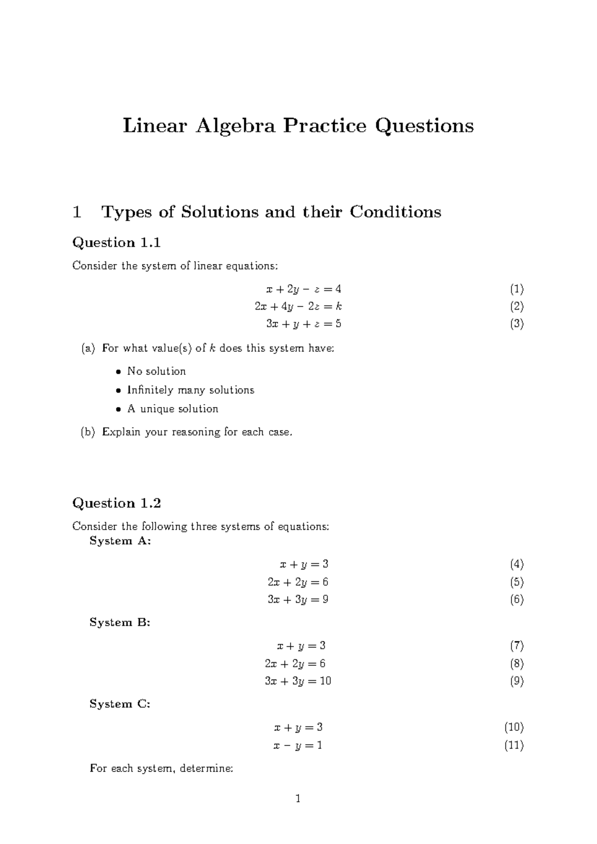 Linear Algebra Practice Questions: Types of Solutions & Conditions ...