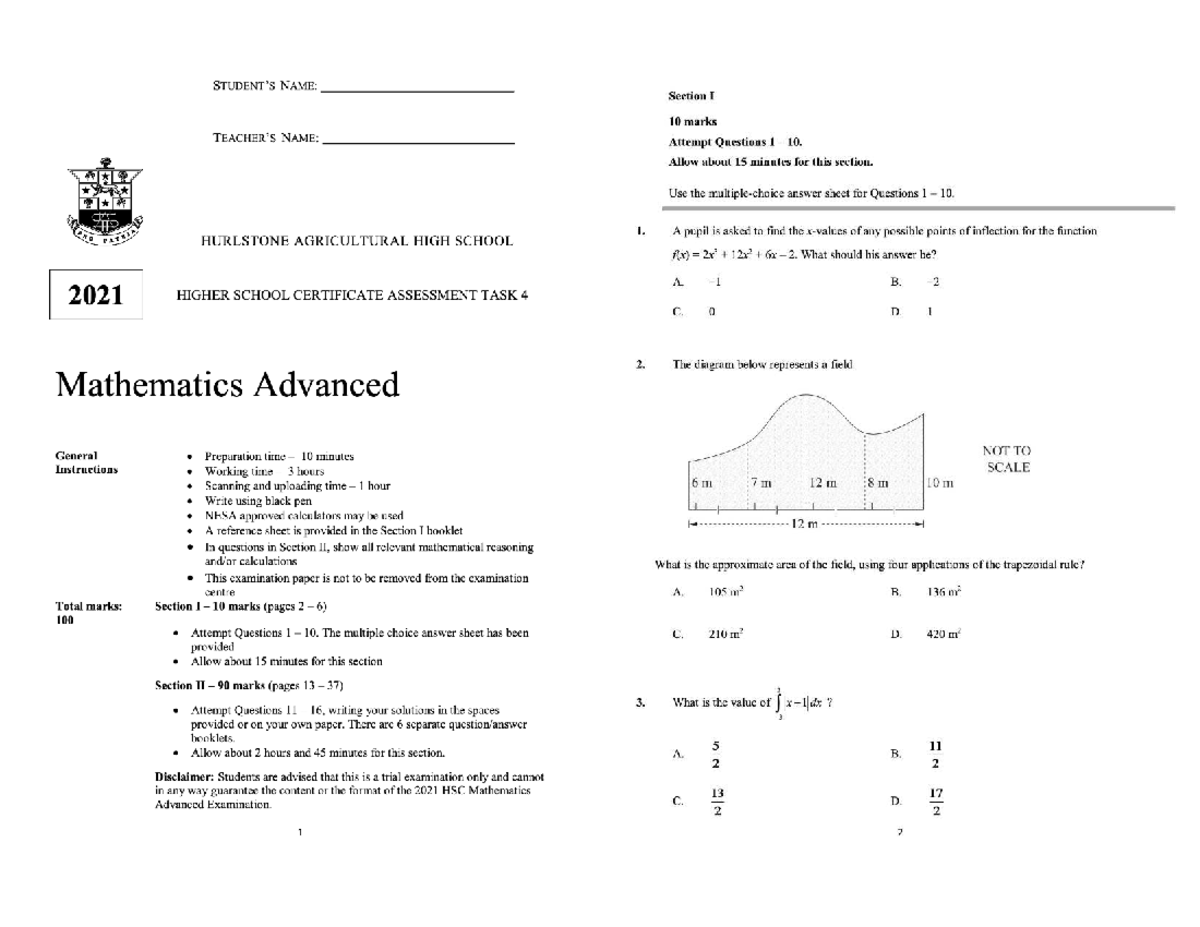 2021 HSC Mathematics Advanced Trial Exam Solutions - Studocu
