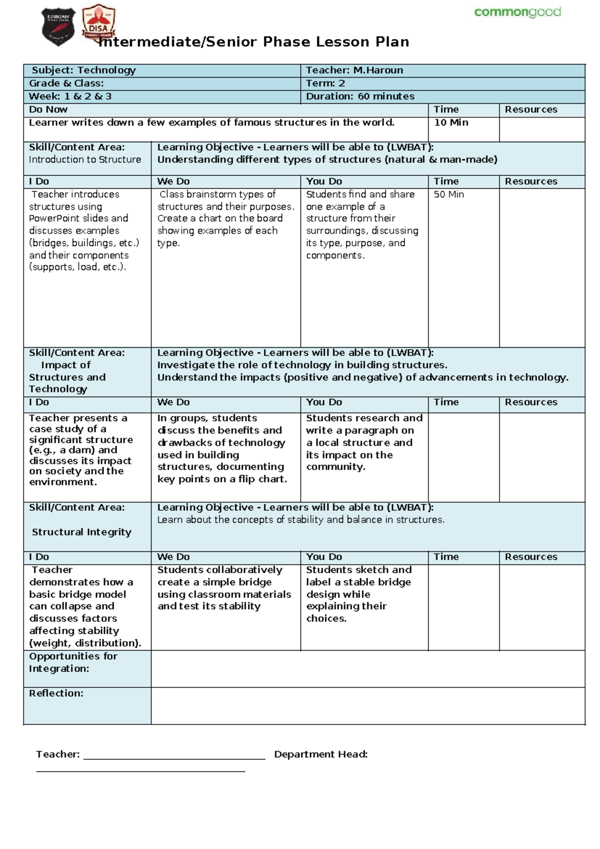 Technology Lesson Plan T2 W1-6: Structures & Design Principles - Studocu