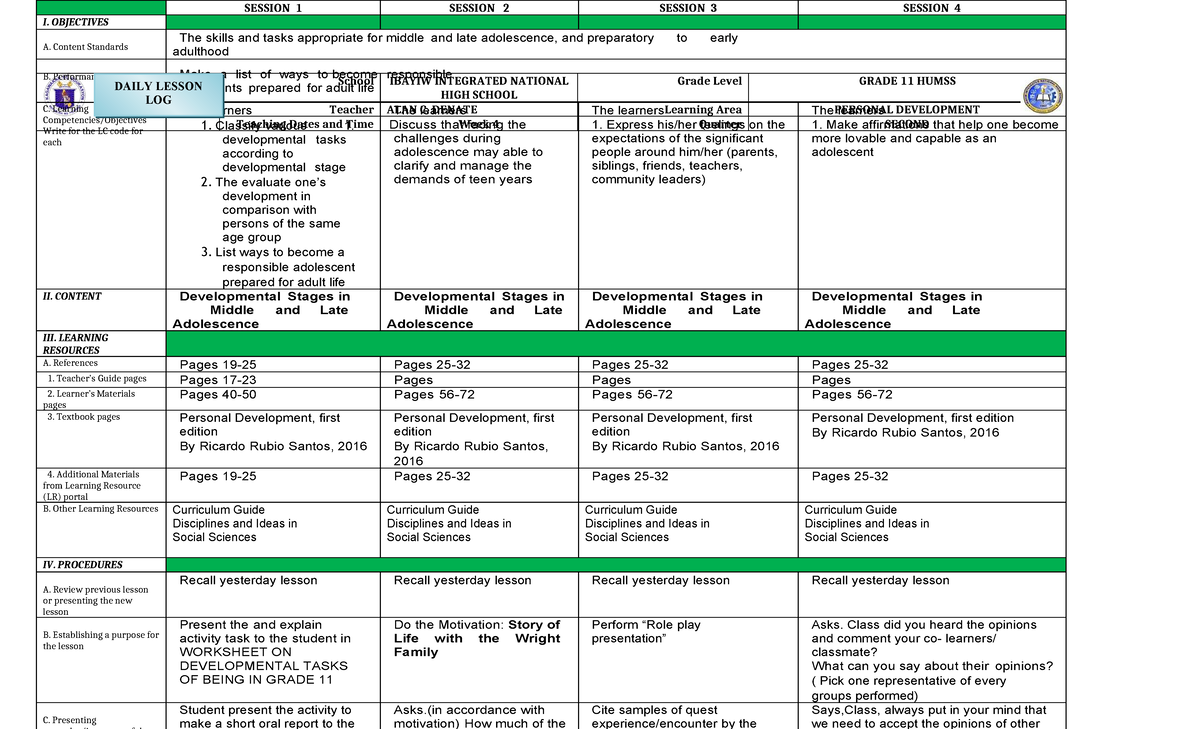 DLL-IN PER DEV WEEK 4: Developmental Stages & Adolescent Preparedness - Studocu