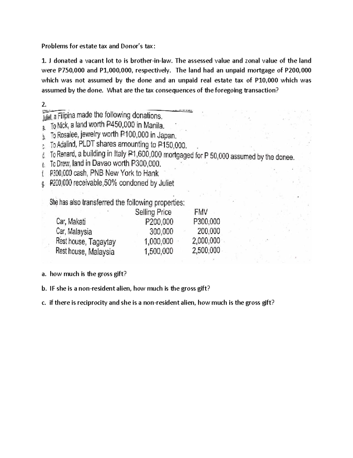 Donors Taxation: Estate Tax Problems and Gift Calculations - Studocu