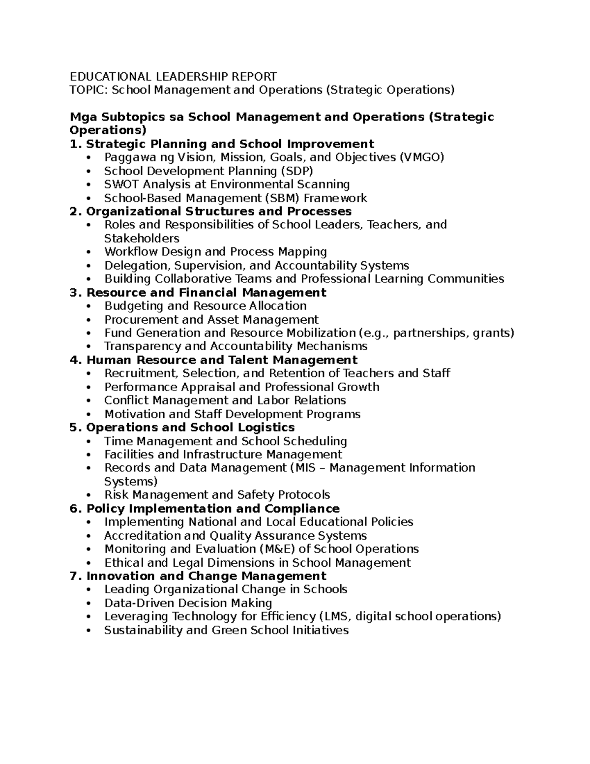 E 503 Educational Leadership Report: Strategic Operations in School ...