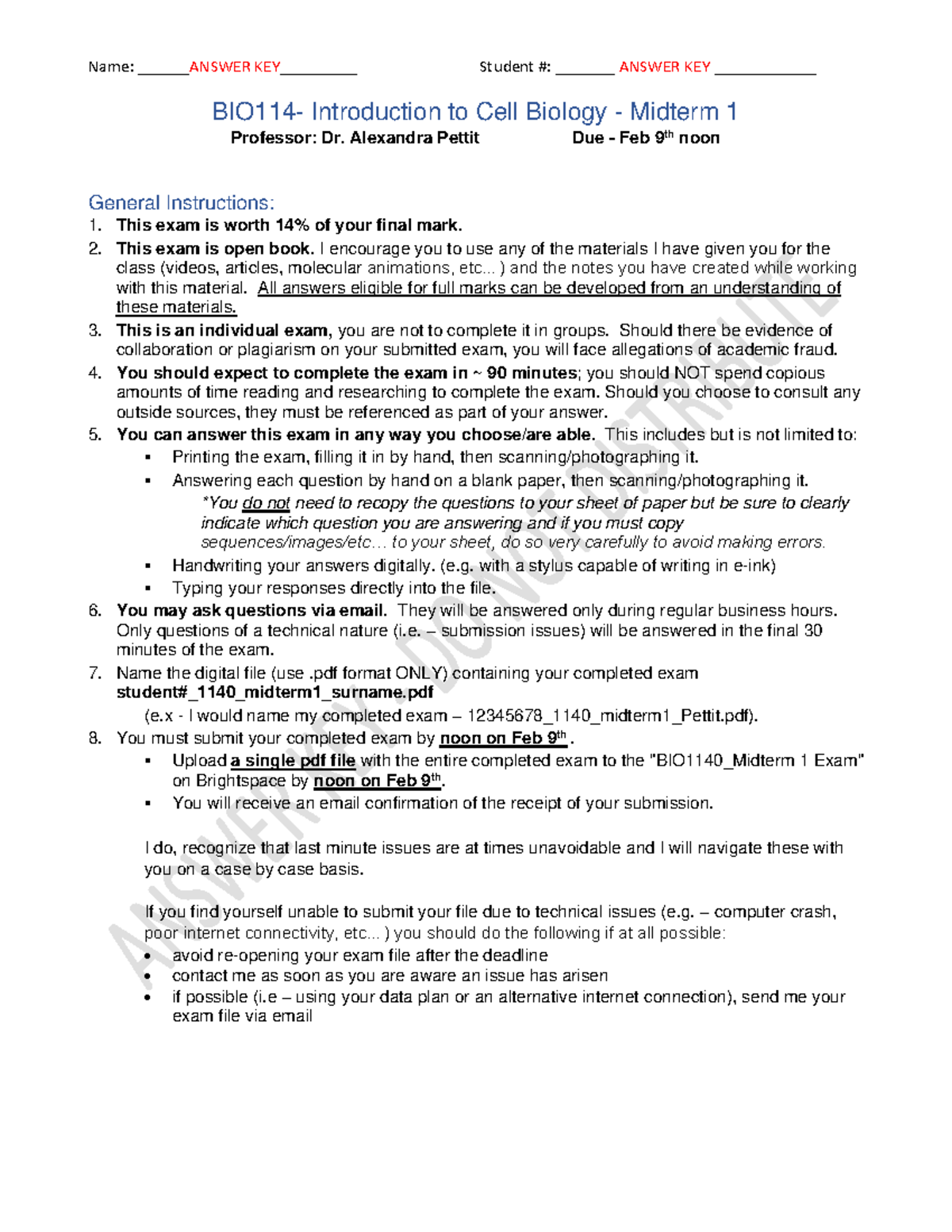 BIO1140-2021-Midterm 1 Exam Answer Key & Instructions - Studocu