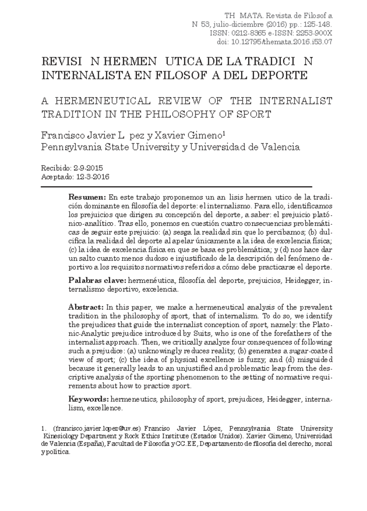 Revisión Hermenéutica del Internalismo en Filosofía del Deporte ...