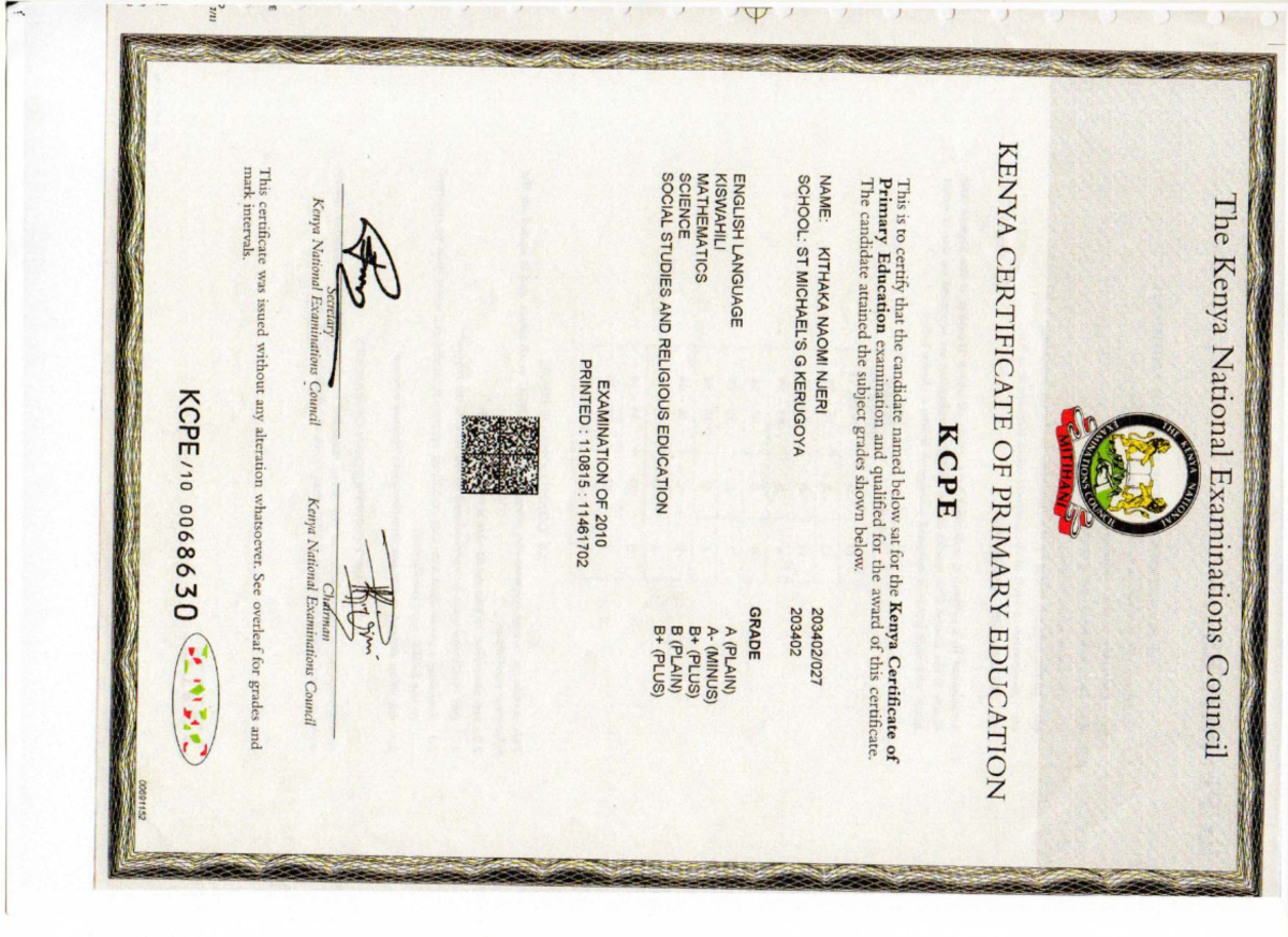 KCPE 2010 Certificate for Kithaka Naomi Njeri - Studocu
