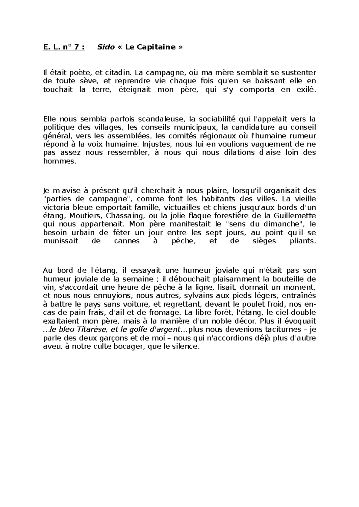 Explication linéaire - Colette, "Le Capitaine" (E.L. n° 7) - Studocu