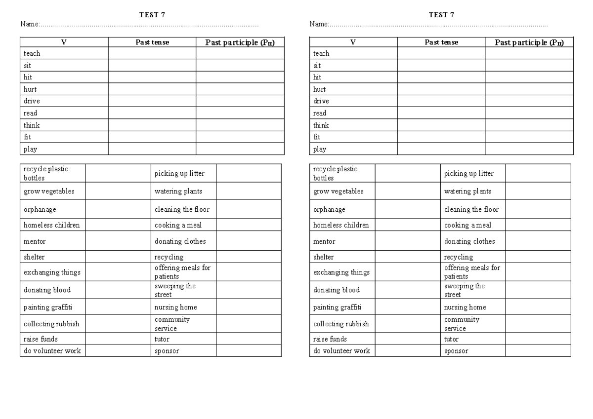 TEST 7: Past Tense and Past Participle Exercises - Studocu