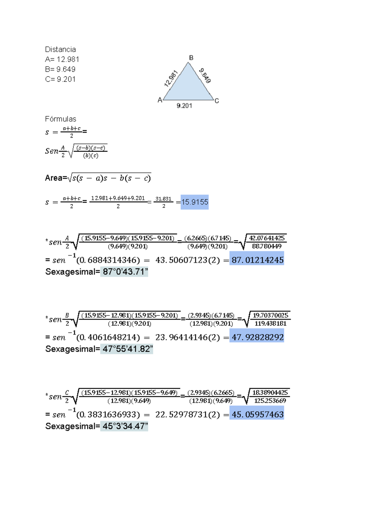 Angulo de topografia - hechenle ganas - Distancia A= 12. B= 9. C= 9 ...