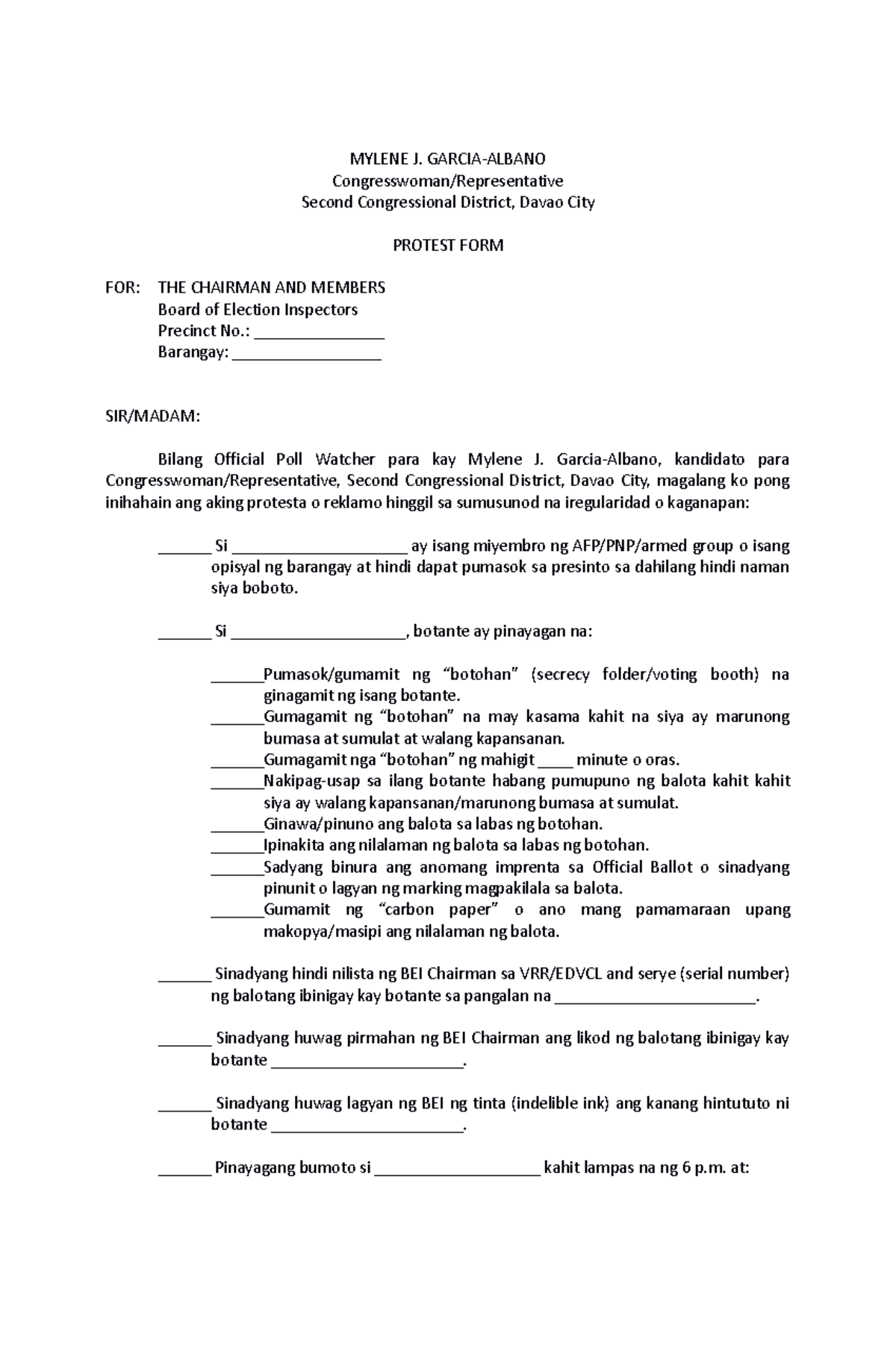 Protest Form for Comelec Election Violations - 2nd District, Davao City ...