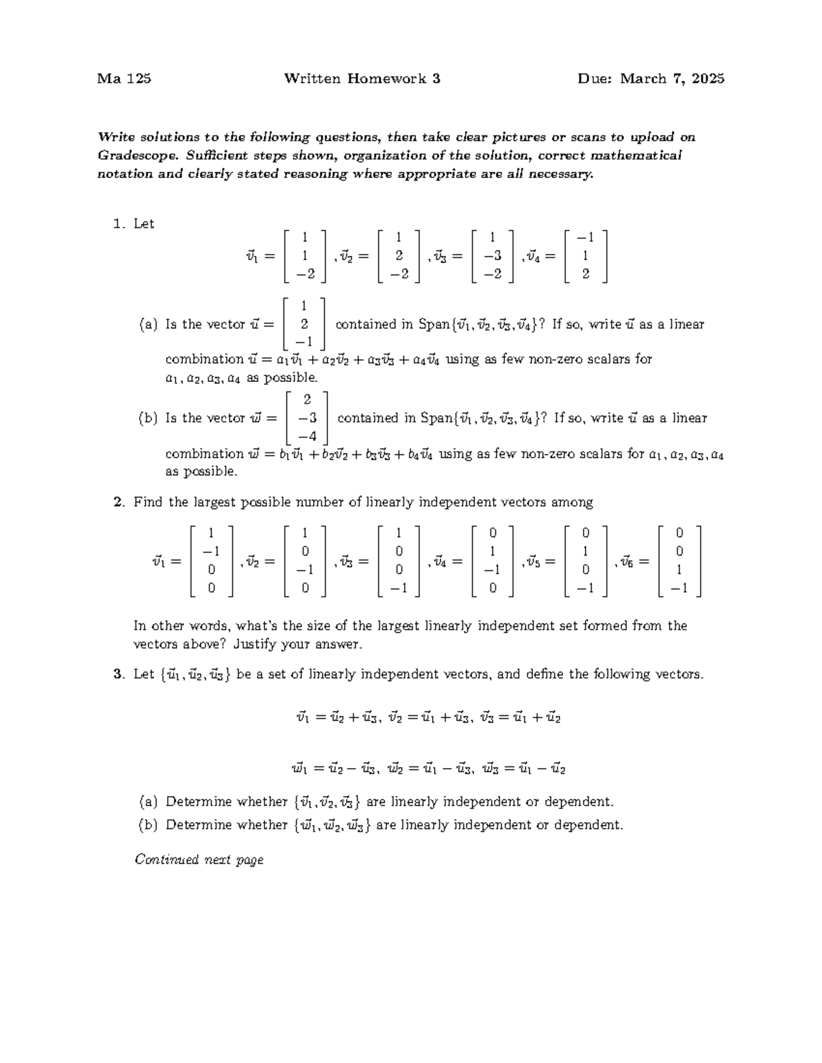 MA 125 Written Homework 3 - Ma 125 Written Homework 3 Due: March 7, 2025 Write solutions to the ...