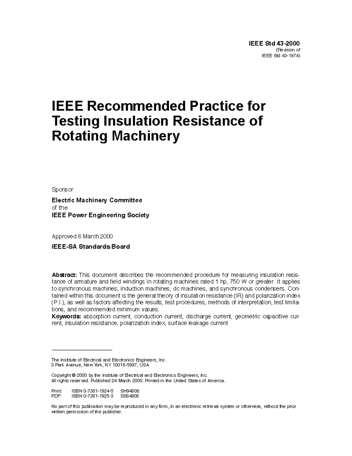 IEEE Std Recommended Practice for Testing Insulation Resistance of ...