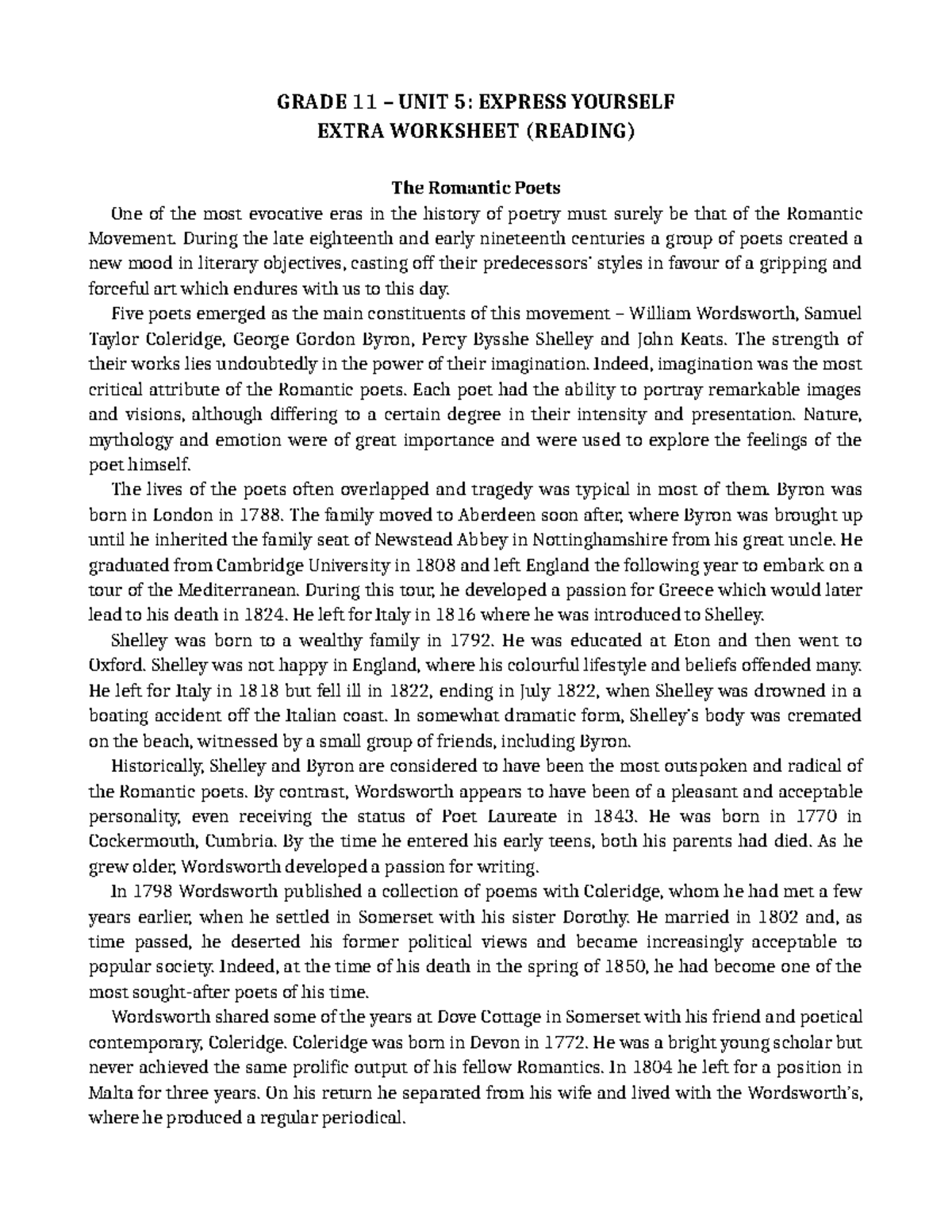 Reading - GRADE 11 – UNIT 5: EXPRESS YOURSELF EXTRA WORKSHEET (READING ...