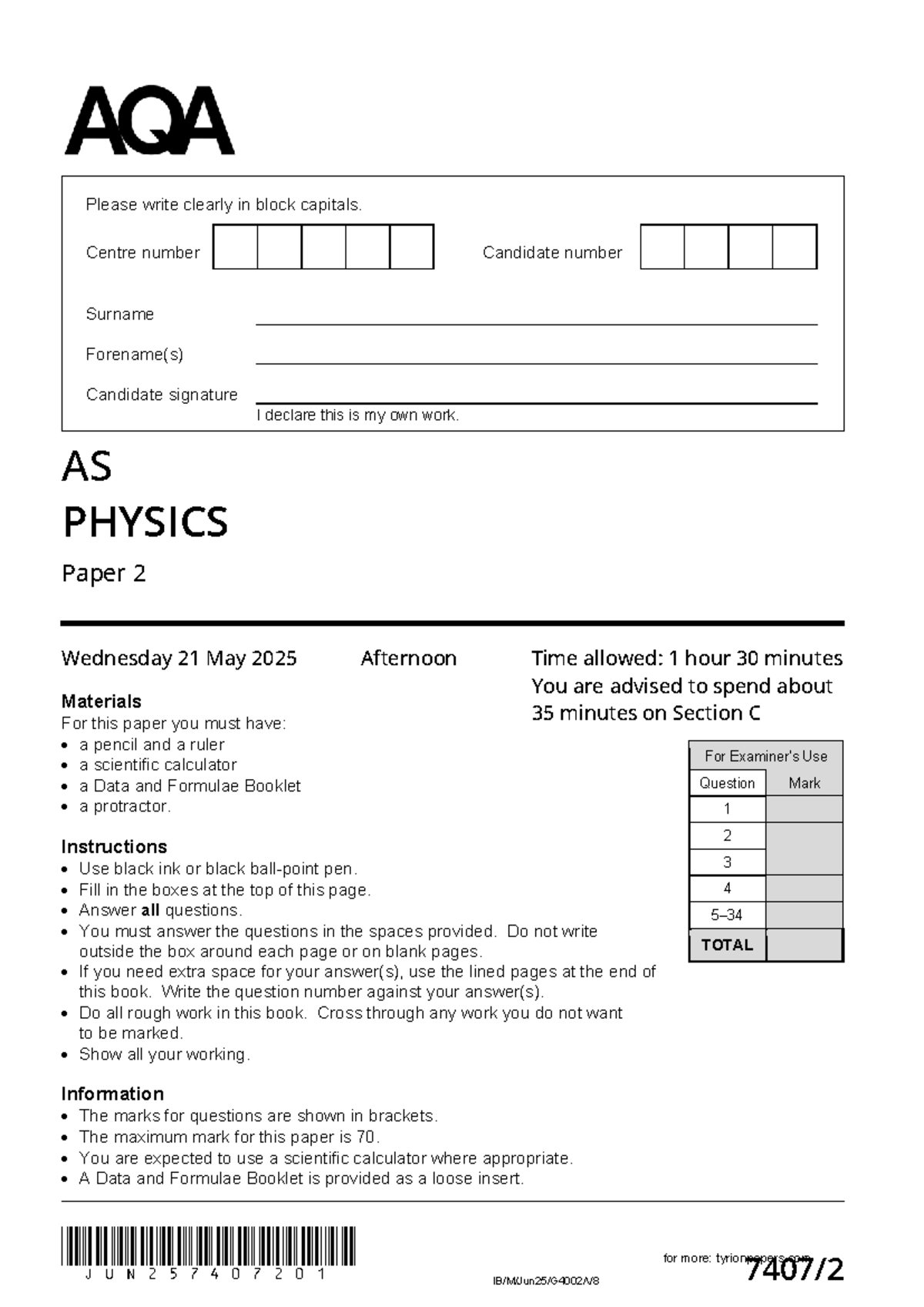 AQA AS Physics P2 2025 - Exam Paper and Instructions - Studocu