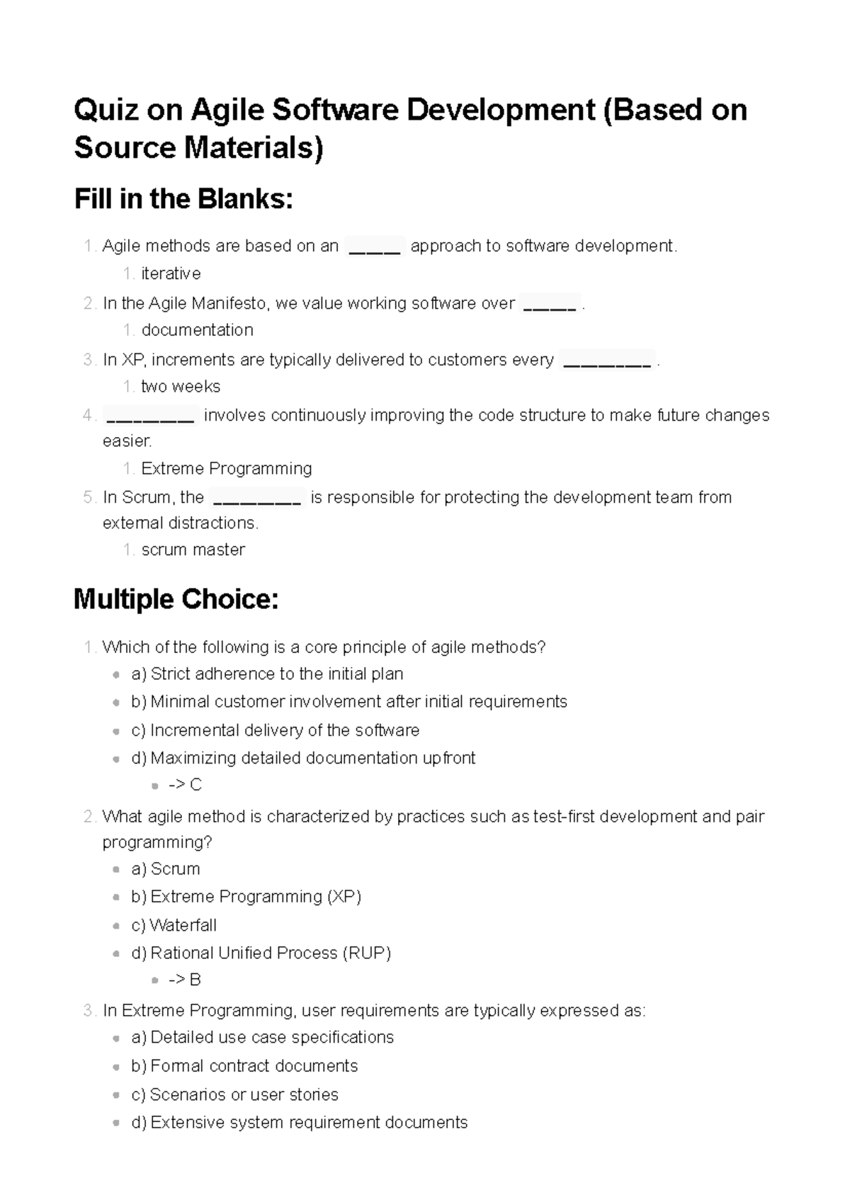 Quiz on ADT3 Agile Framework: Fill in the Blanks & MCQs - Studocu