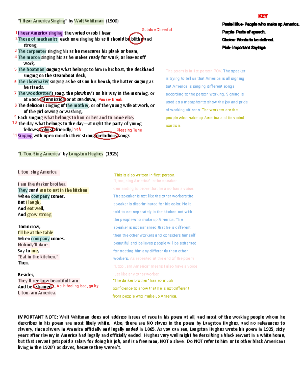 I Hear America Singing & I, Too, Sing America - Poem Analysis - Studocu