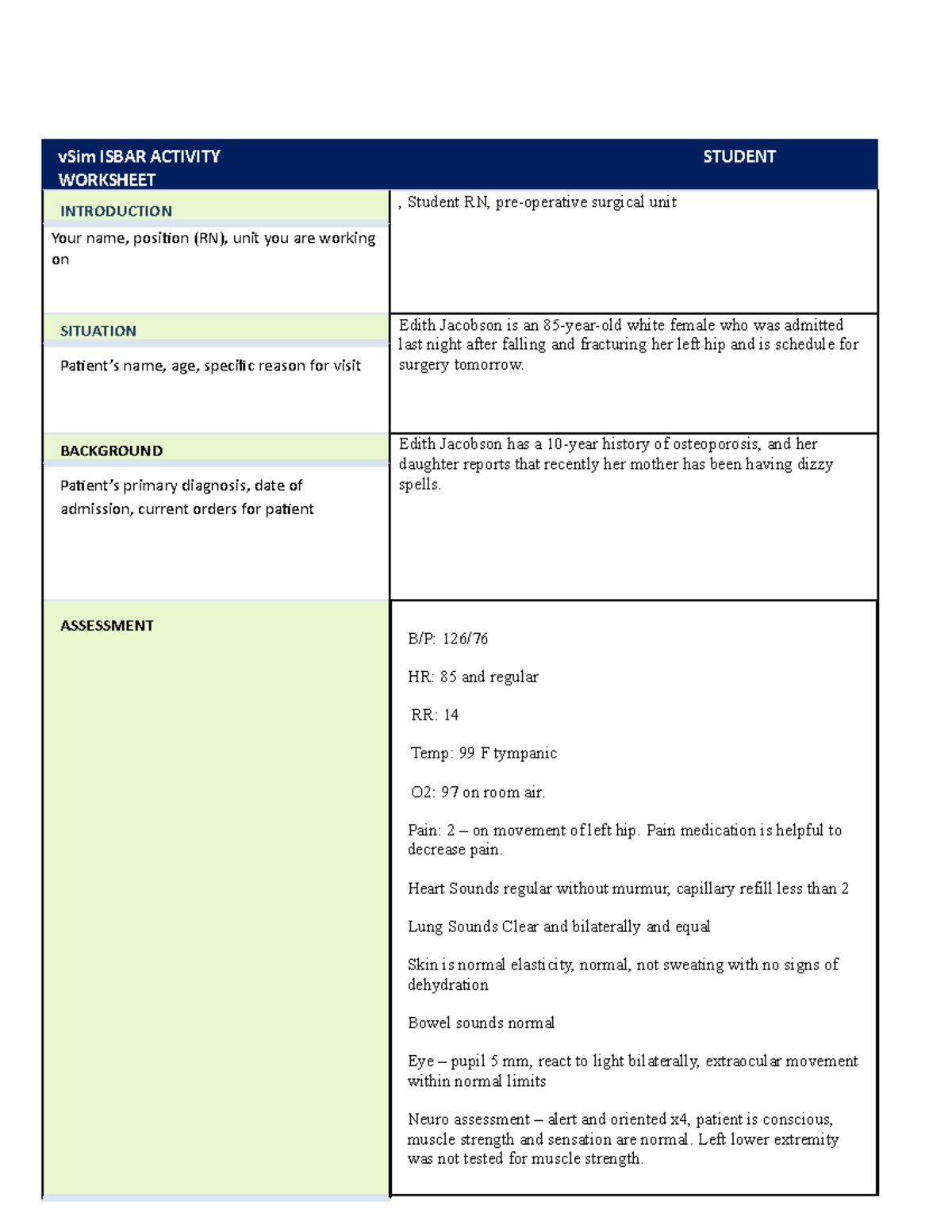 vSim ISBAR Activity for Patient Edith Jacobson - RN Worksheet - Studocu
