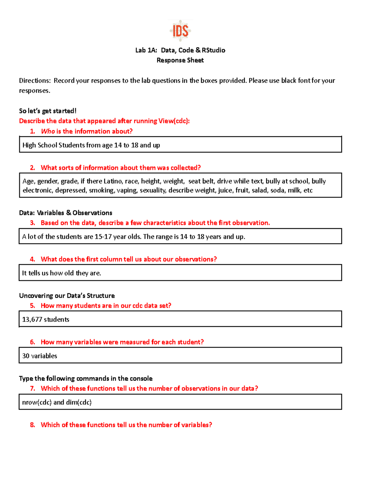 Lab 1A: Data Overview & Analysis for cdc Dataset - IDs Included - Studocu