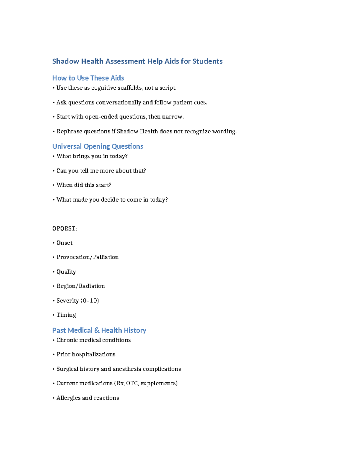 Shadow Health Assessment Aids: Student Guide for Effective Use - Studocu