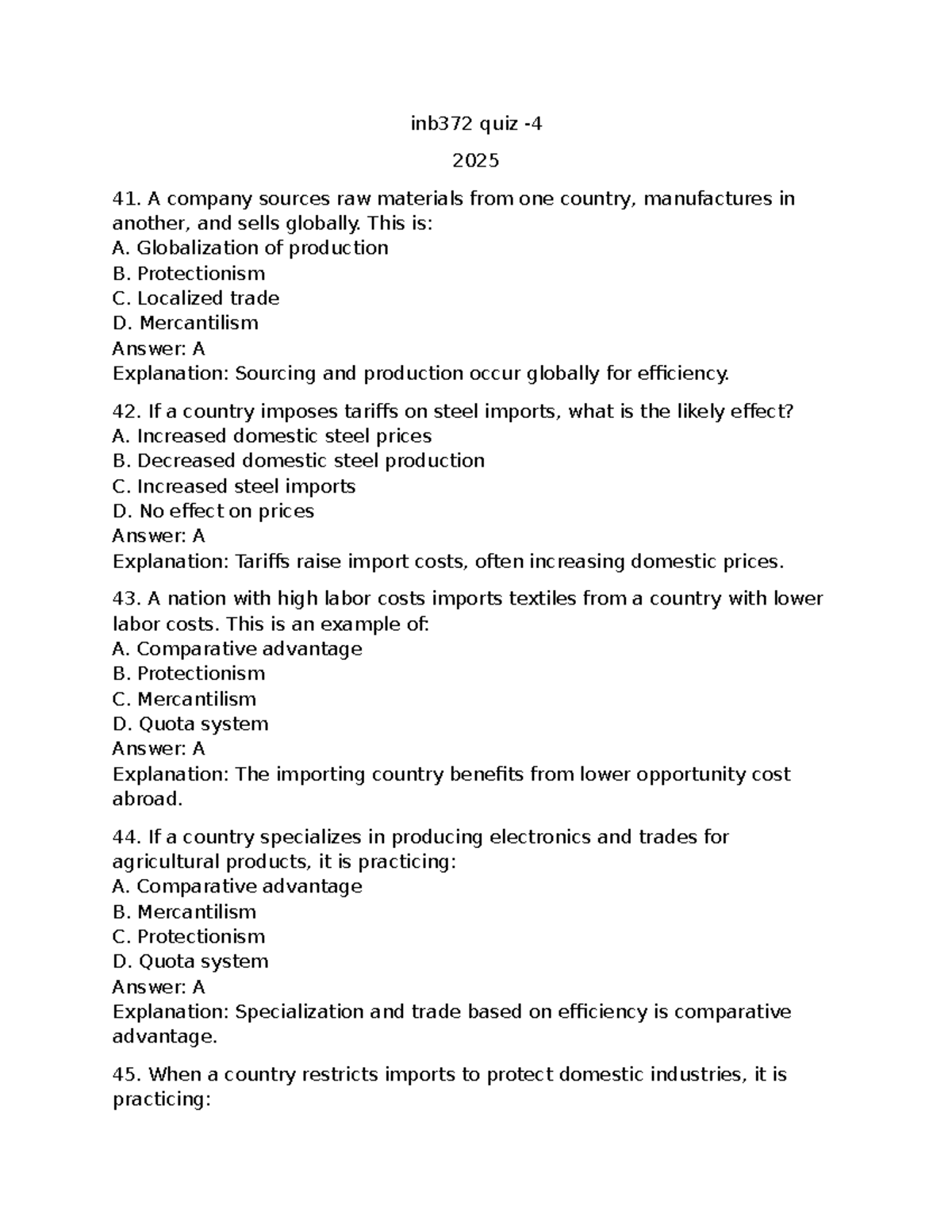 INB372 Quiz - Global Trade Concepts and Protectionism - Studocu