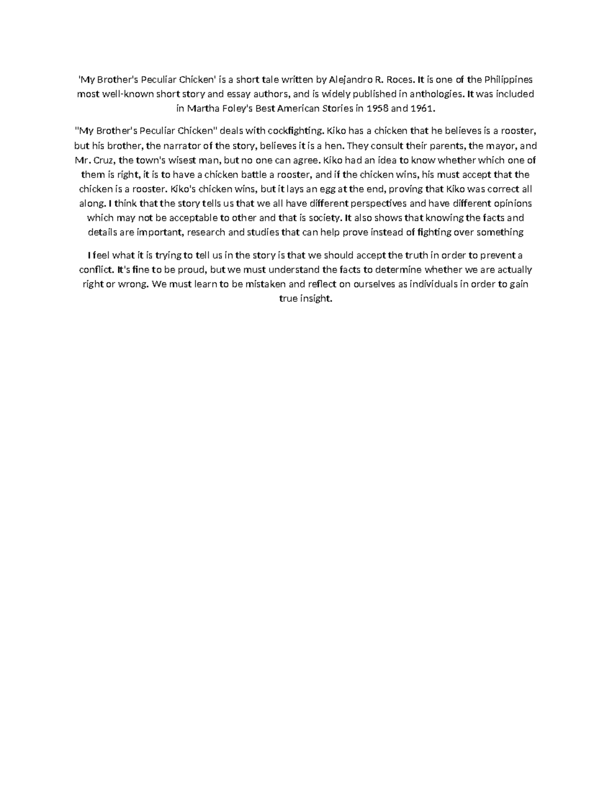 Analysis of "My Brother's Peculiar Chicken" - Key Insights and Themes ...