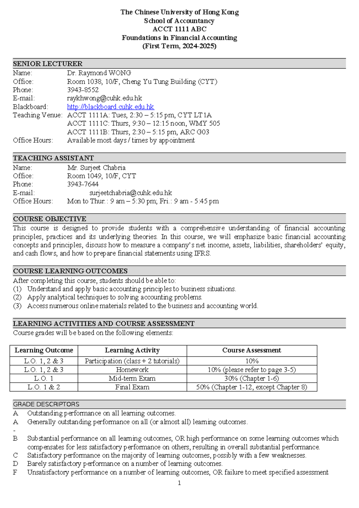 ACCT 1111 ABC Course Outline and Key Information (2024-2025 T1) - Studocu