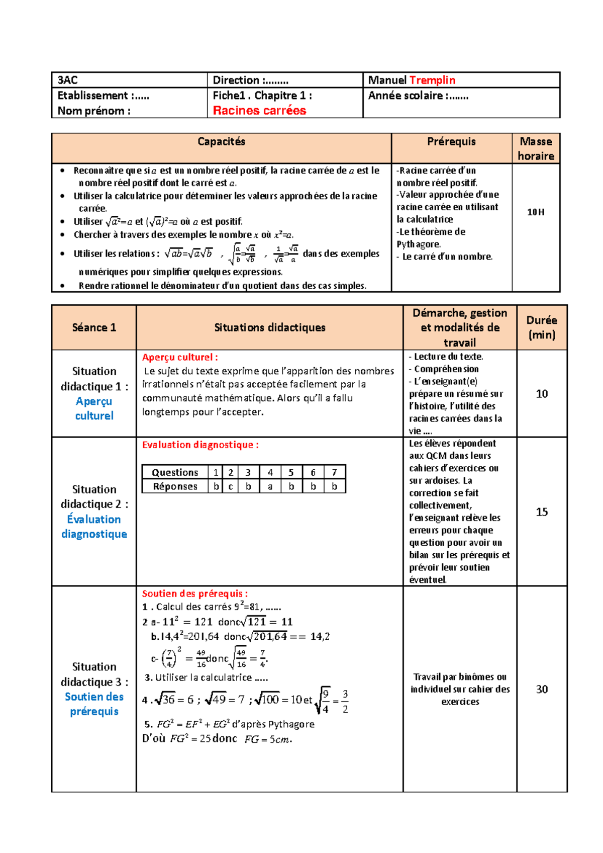 Fiches Pédagogiques sur les Racines Carrées - Maths 3AC - Studocu