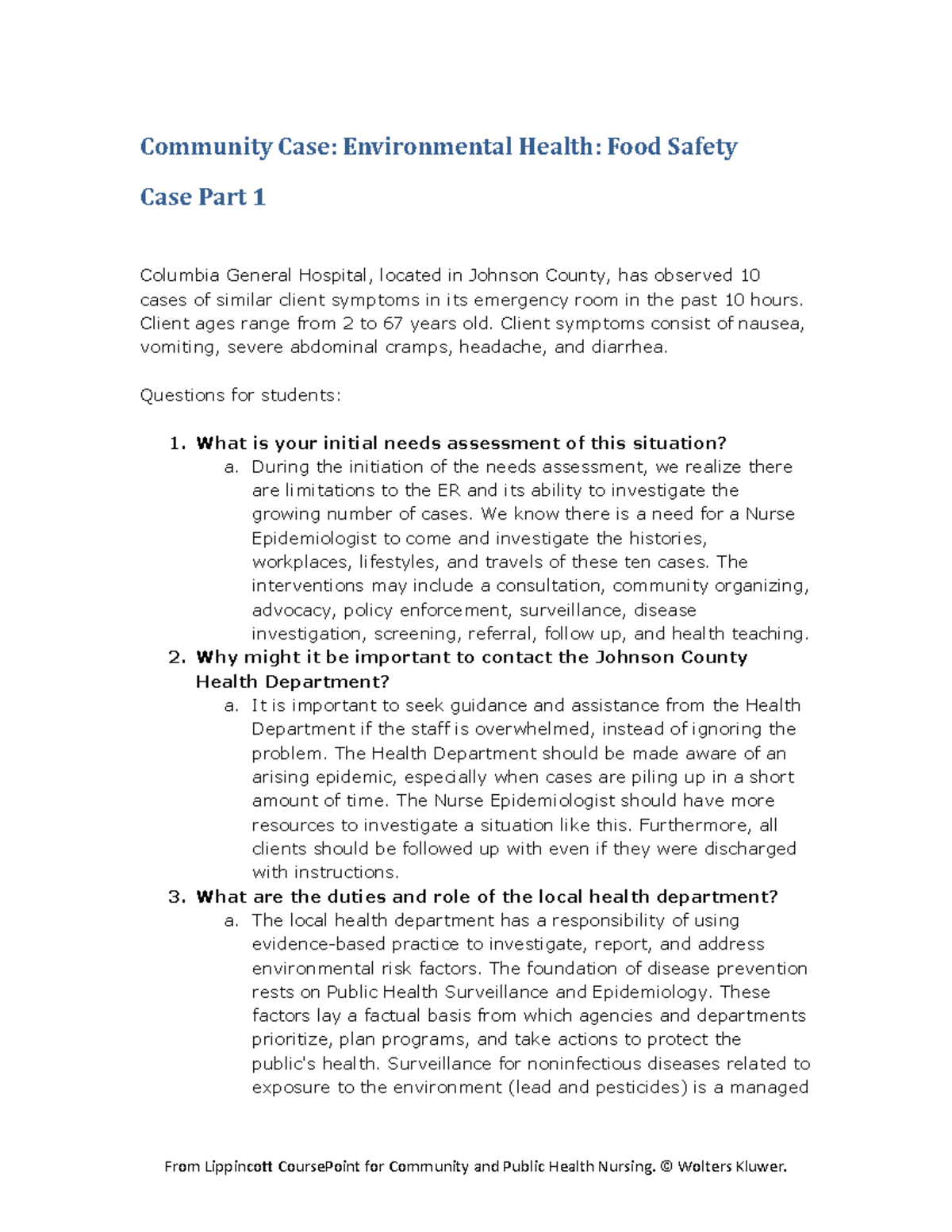 Community Health Case Study: Food Safety Concerns in Columbia Hospital ...