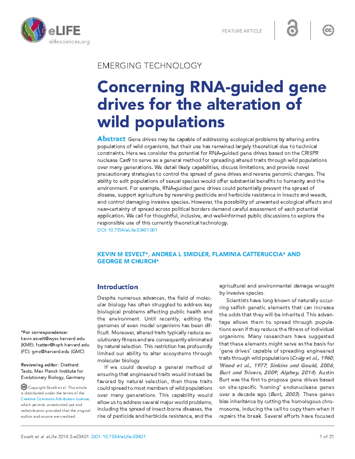 Emerging Technology: Gene Drives for Altering Wild Populations (eLife ...