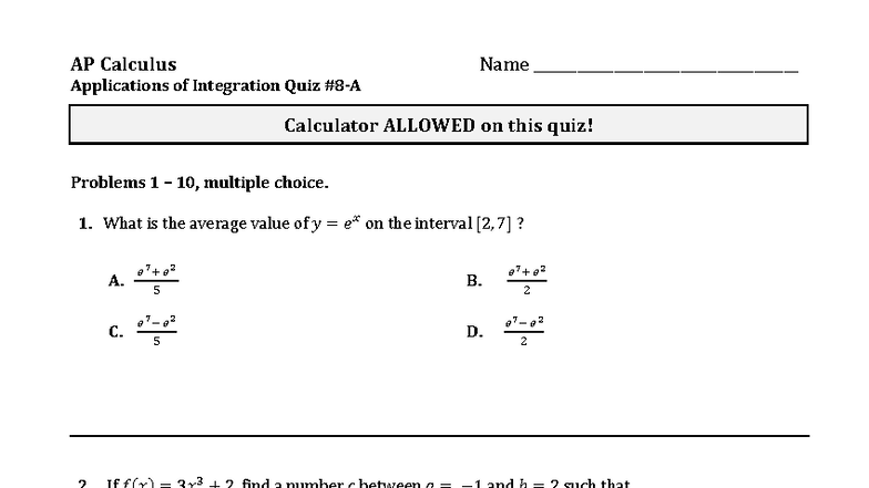 AP Calculus Applications of Integration Quiz 8A - Calculator Allowed ...