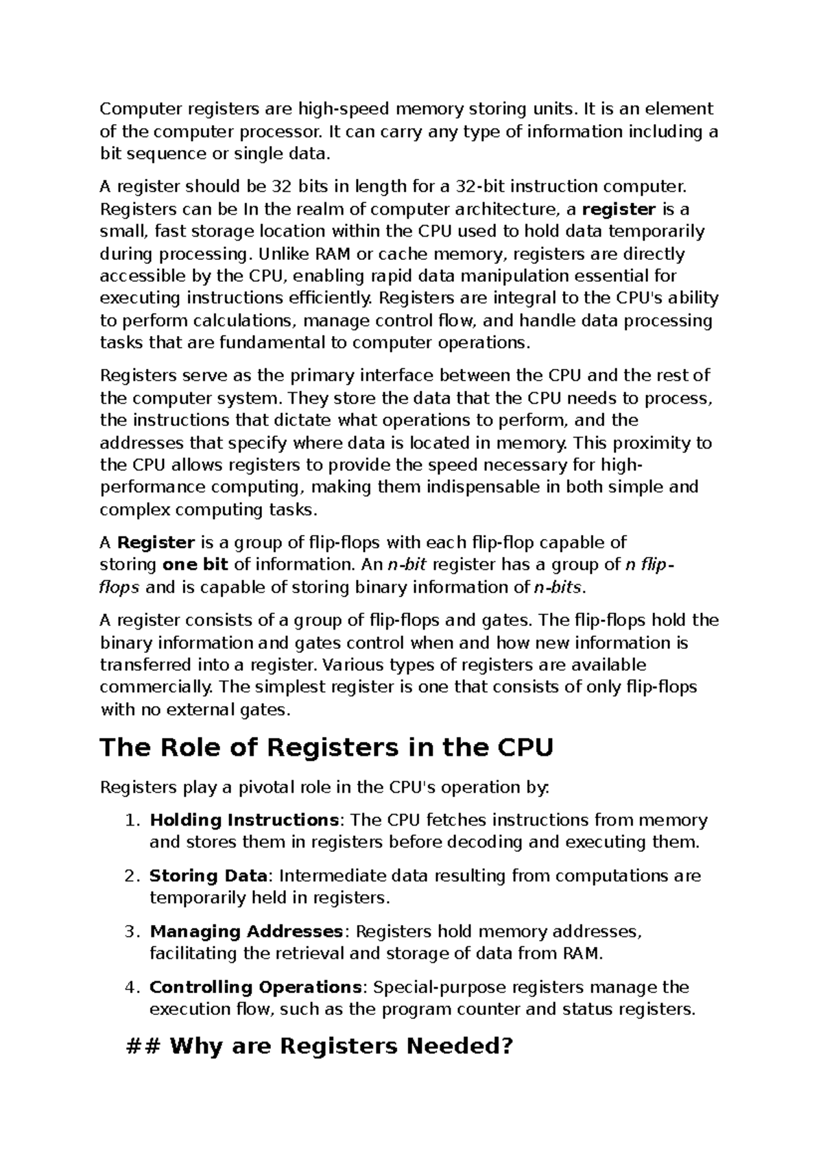 Computer Registers: Essential Components of CPU Architecture - Studocu