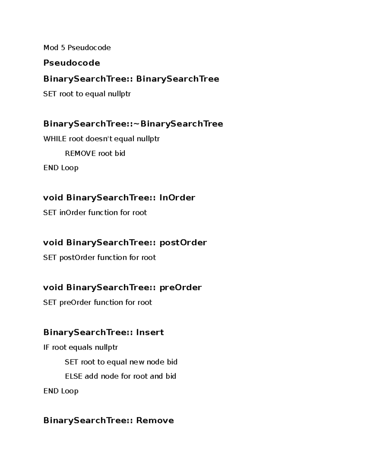 Mod 5 Pseudocode - Mod 5 Pseudocode Pseudocode BinarySearchTree:: BinarySearchTree SET root to ...