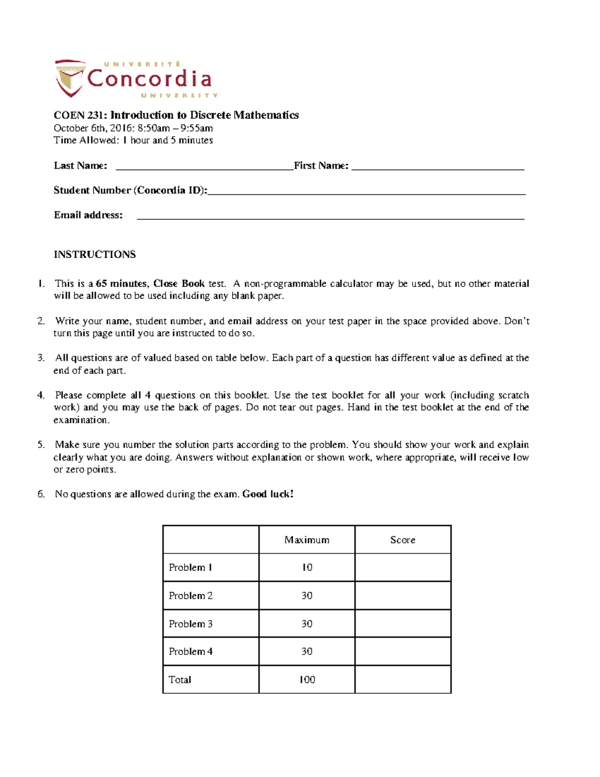 COEN 231: Past Midterm Exam on Discrete Mathematics - Studocu