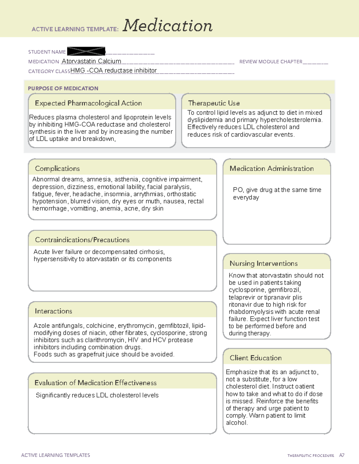 ACTIVE LEARNING TEMPLATE: Atorvastatin Calcium Medication Review Module ...