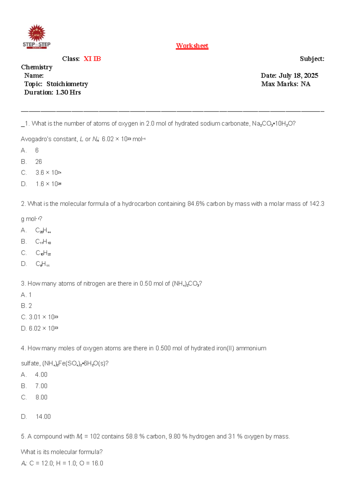 Worksheet XI IB Chemistry: Stoichiometry Practice Problems - Studocu