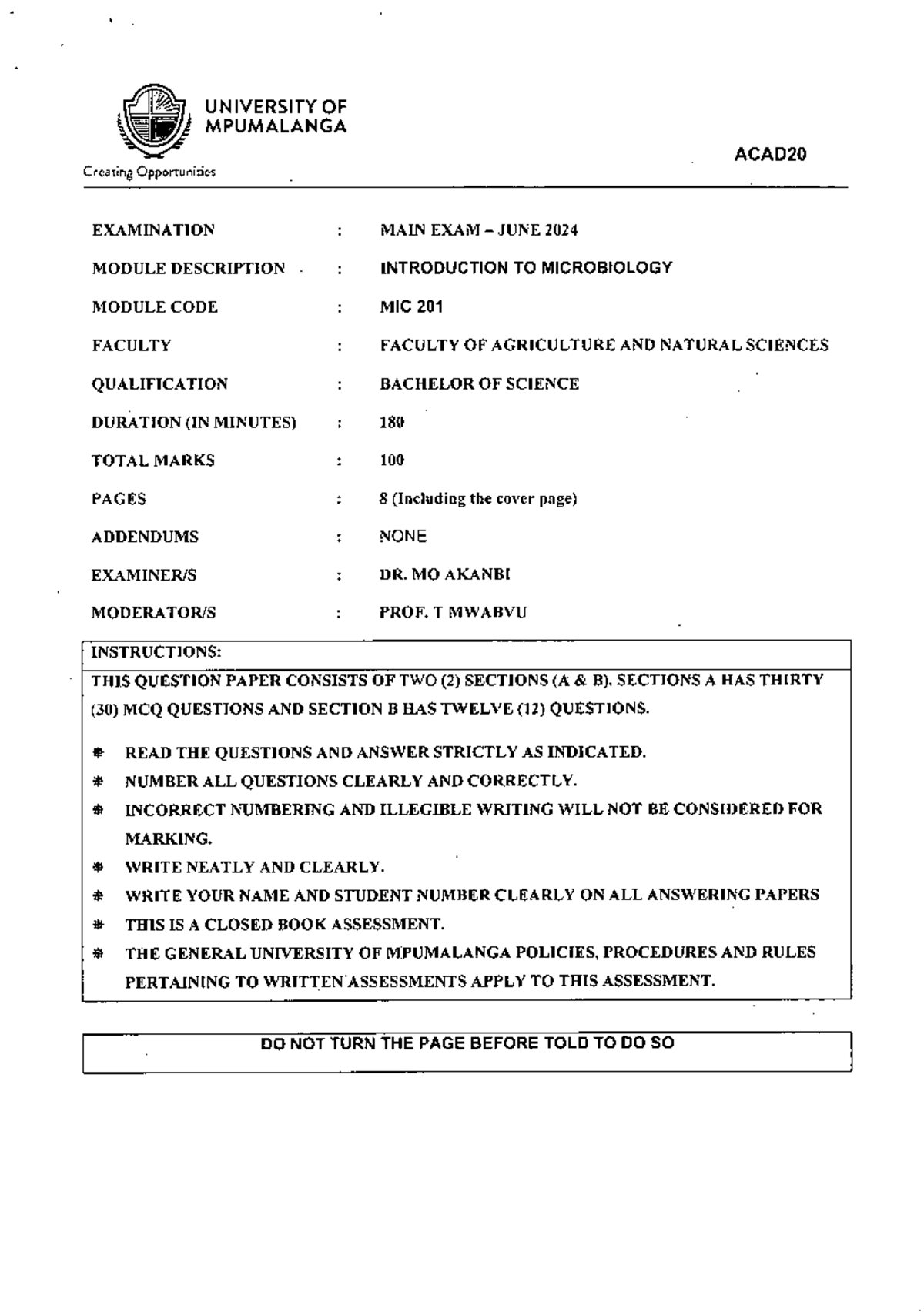 MIC 201 MAIN EXAM - JUNE 2024: INTRODUCTION TO MICROBIOLOGY - Studocu